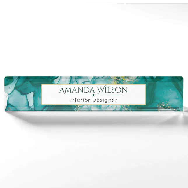 Custom Elegant Green Gold Ink Desk Nameplate | Zazzle