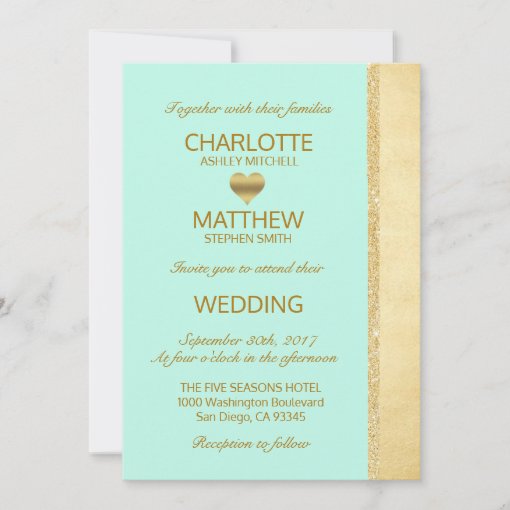 Custom Elegant MINT GOLD Modern Wedding Invitation | Zazzle