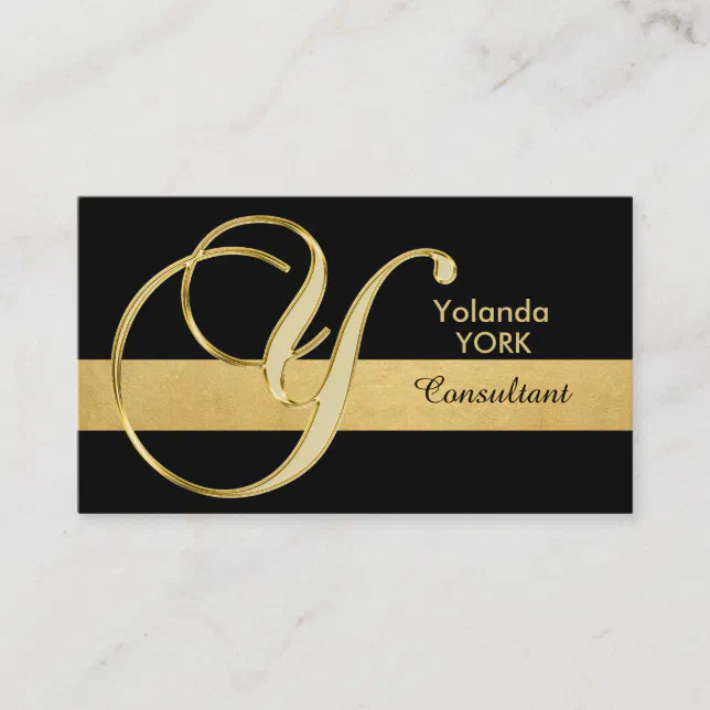 Custom Elegant Monogrammed Gold Black Initial 'Y' Business Card | Zazzle