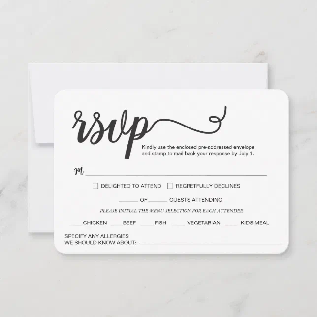 Custom Elegant script Wedding meals any allergies RSVP Card | Zazzle