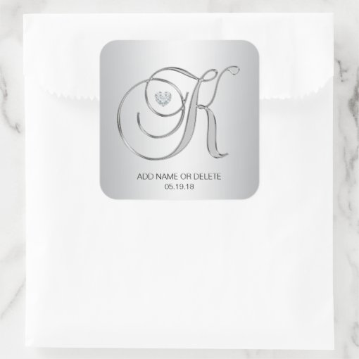 Custom Elegant Silver Monogrammed Initial Letter K Square Sticker | Zazzle