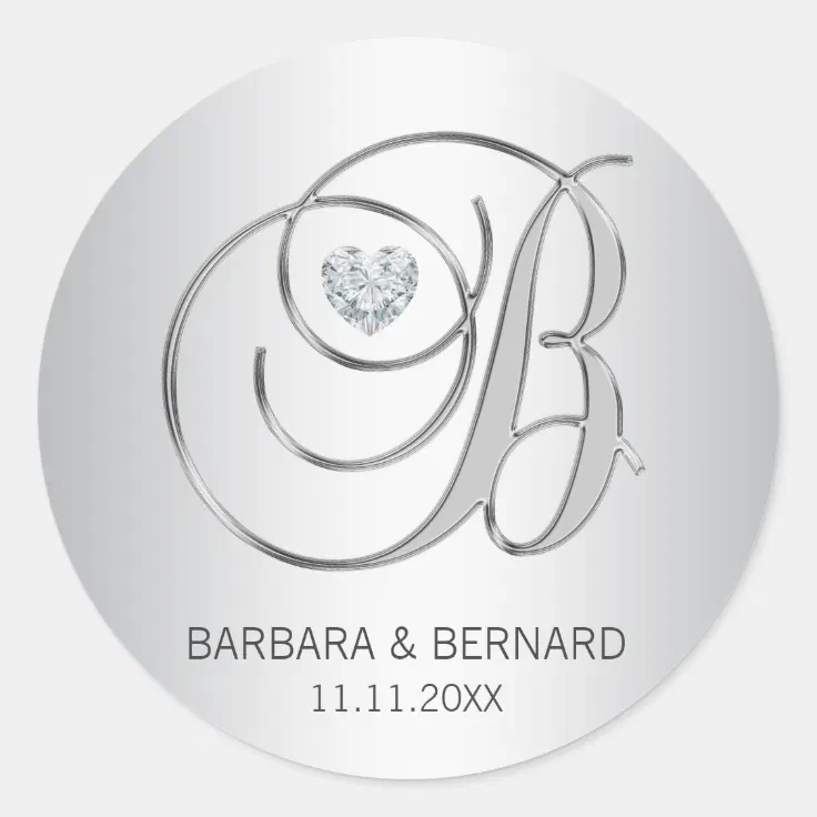 Custom Elegant Silver Monogrammed Letter B Wedding Classic Round ...