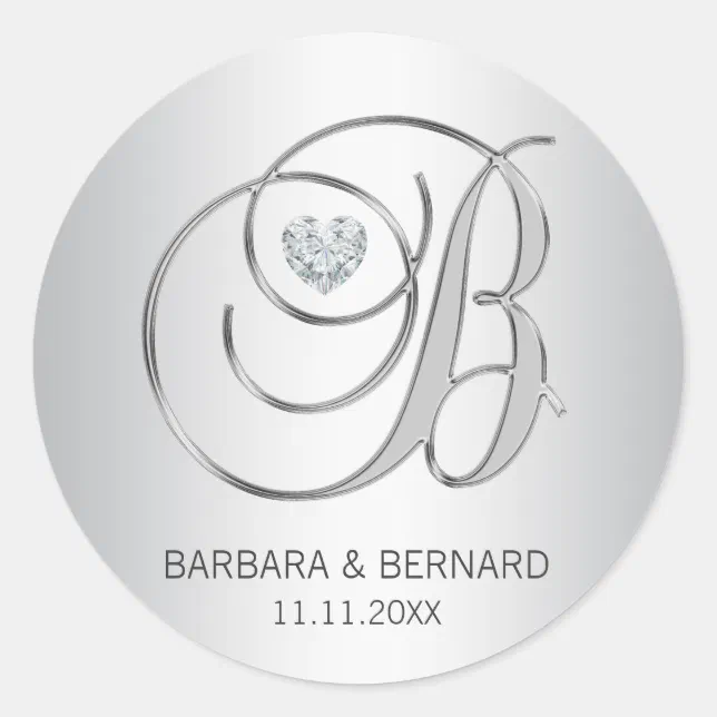 Custom Elegant Silver Monogrammed Letter B Wedding Classic Round ...