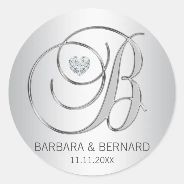 Custom Elegant Silver Monogrammed Wedding Classic Round Sticker | Zazzle