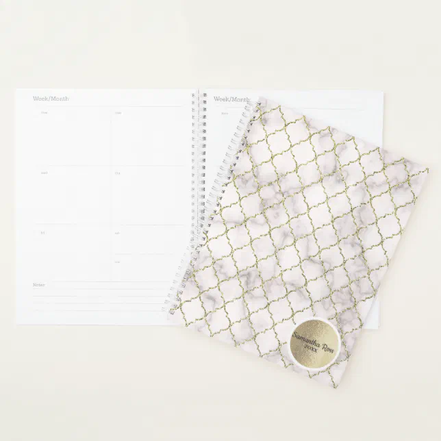 Custom Elegant White Marble Gold Pattern Planner | Zazzle
