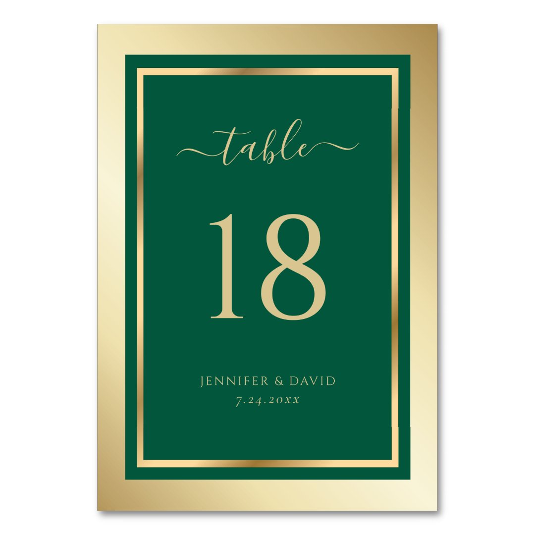 Custom Emerald Green and Gold Wedding Table Number | Zazzle