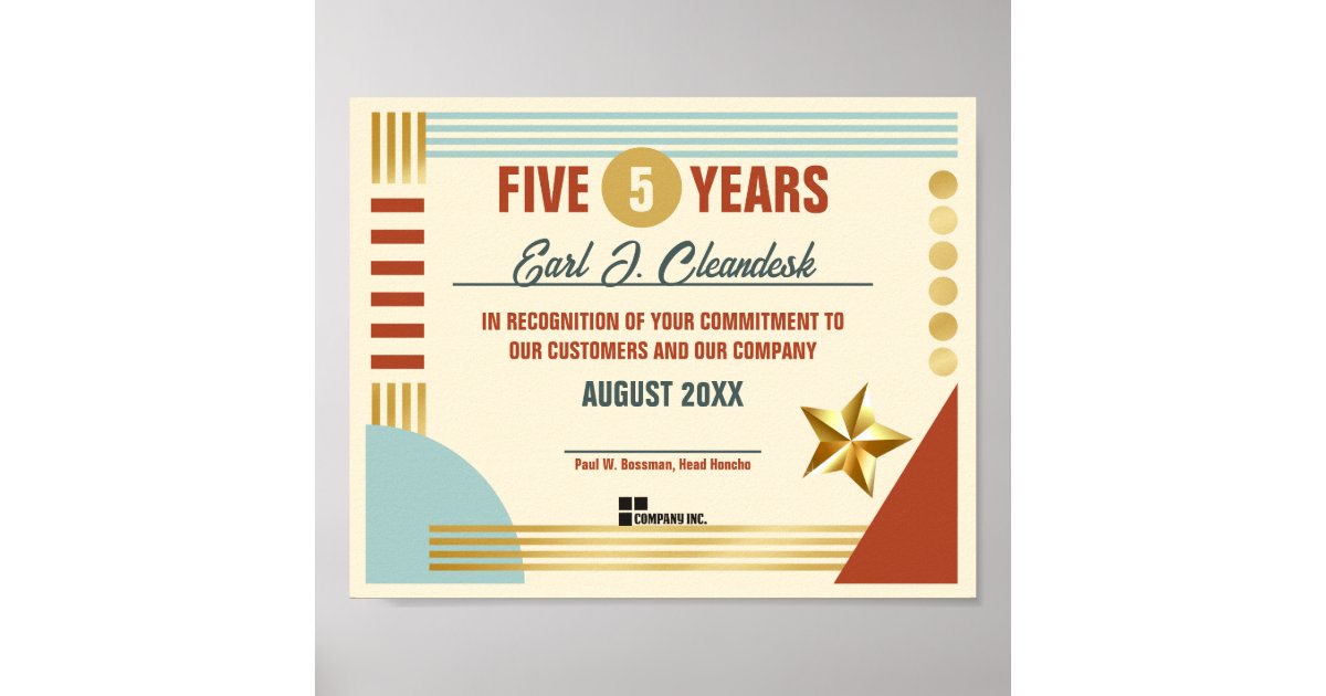 Custom employee milestone anniversary certificate poster | Zazzle