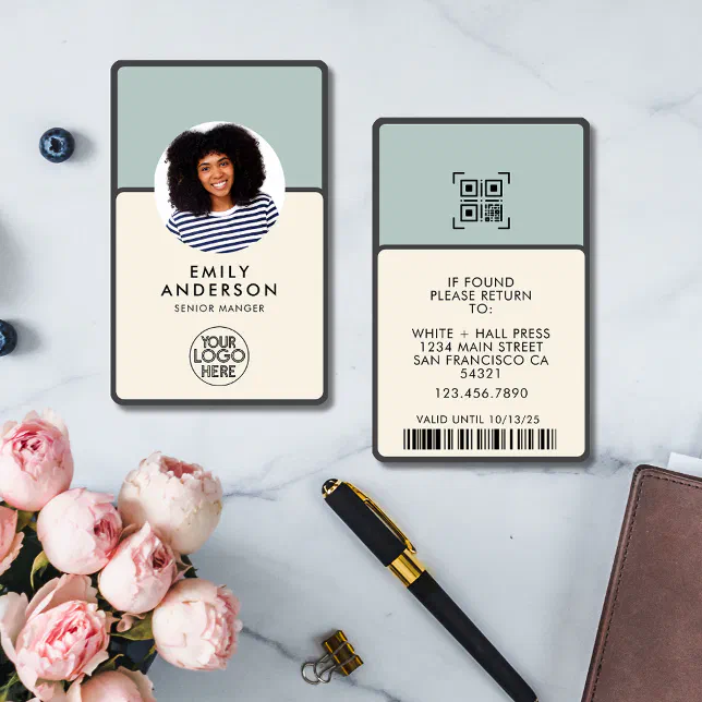 Custom Employee Pass Photo ID Logo Qr barcode Badge | Zazzle