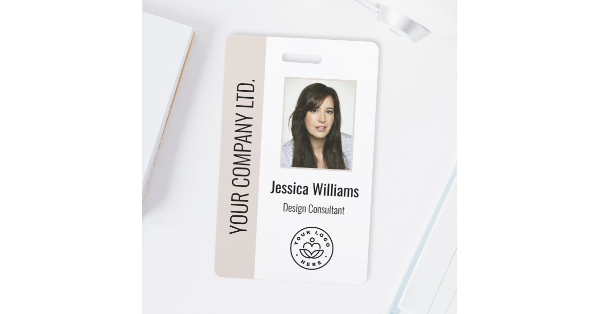 Custom Employee Photo, Bar Code, Logo, Name Beige Badge | Zazzle