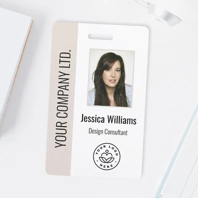 Custom Employee Photo, Bar Code, Logo, Name Beige Badge | Zazzle