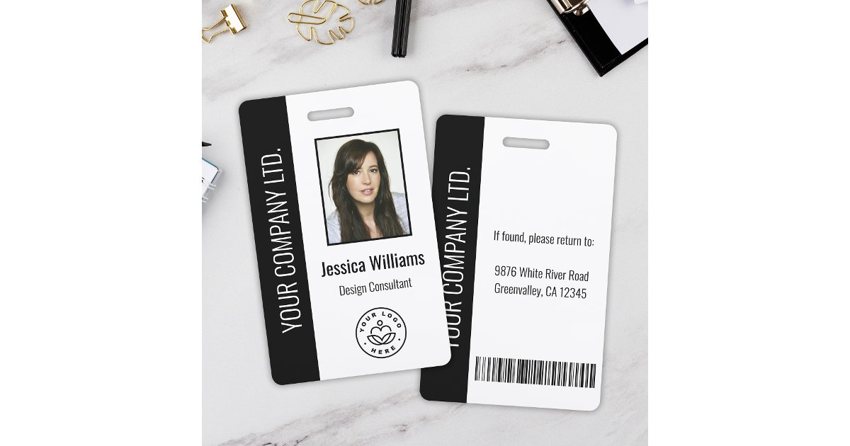 Custom Employee Photo, Bar Code, Logo, Name Black Badge | Zazzle