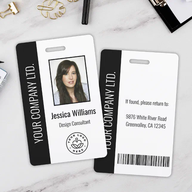 Custom Employee Photo, Bar Code, Logo, Name Black Badge | Zazzle