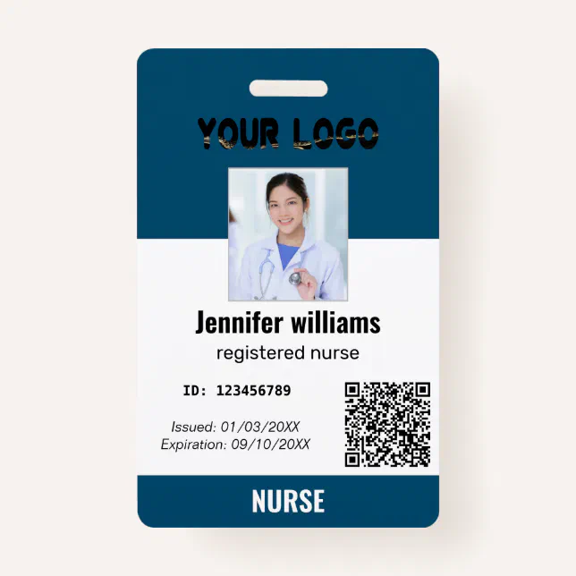 Custom Employee Photo, Bar Code, Logo, navy blue Badge | Zazzle