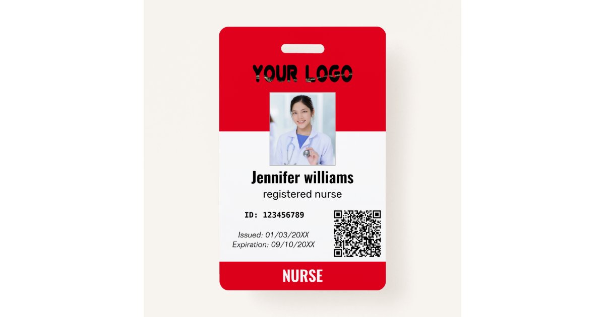 Custom Employee Photo, Bar Code, Logo, red name Badge | Zazzle