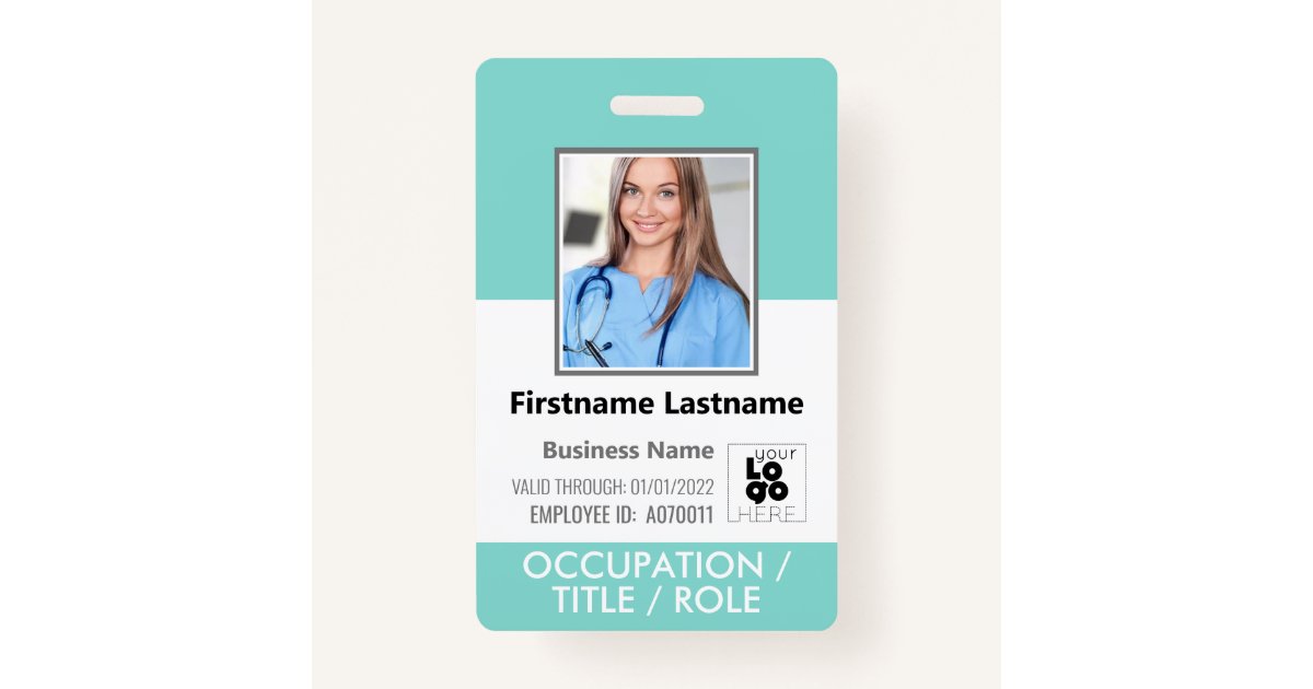 Custom Employee Photo, Barcode Logo Aqua Blue Name Badge | Zazzle