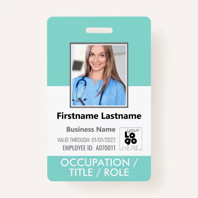 Custom Employee Photo, Barcode Logo Aqua Blue Name Badge | Zazzle