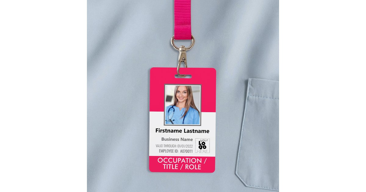Custom Employee Photo, Barcode, Logo Hot Pink Name Badge | Zazzle