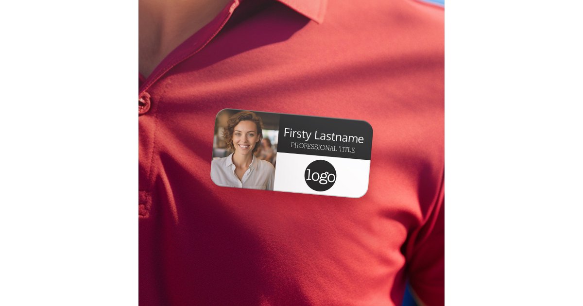 Custom Employee Photo, Logo, Name - Can edit black Name Tag | Zazzle