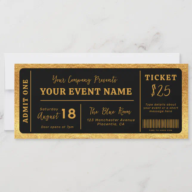 Custom Event Ticket Concert Fake Ticket Black Gold Invitation | Zazzle
