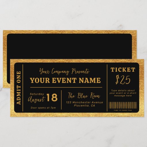 Custom Event Ticket Concert Fake Ticket Black Gold Invitation | Zazzle