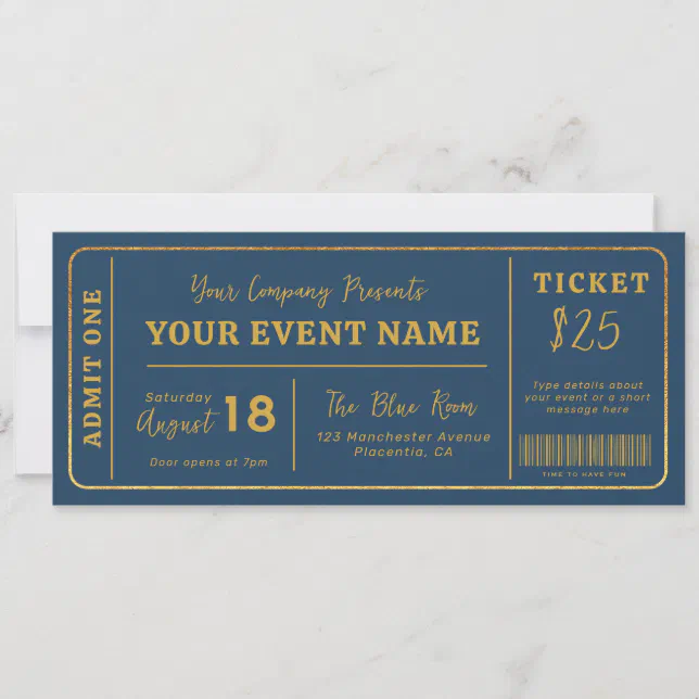 Custom Event Ticket, Concert Fake Ticket Gold Invitation | Zazzle