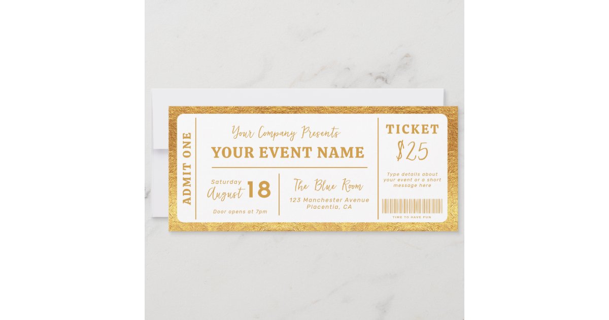 Custom Event Ticket Concert Fake Ticket White Gold Invitation | Zazzle