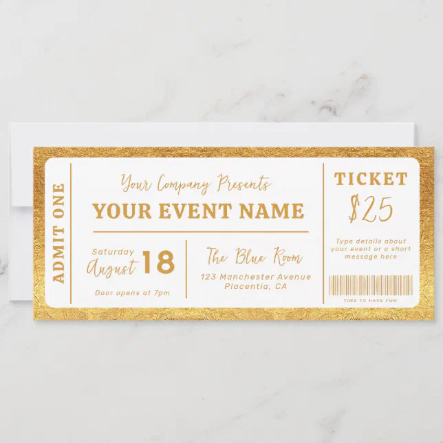 Custom Event Ticket Concert Fake Ticket White Gold Invitation | Zazzle