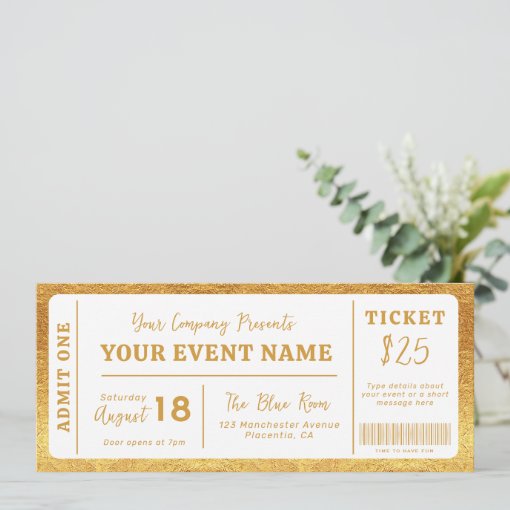 Custom Event Ticket Concert Fake Ticket White Gold Invitation | Zazzle