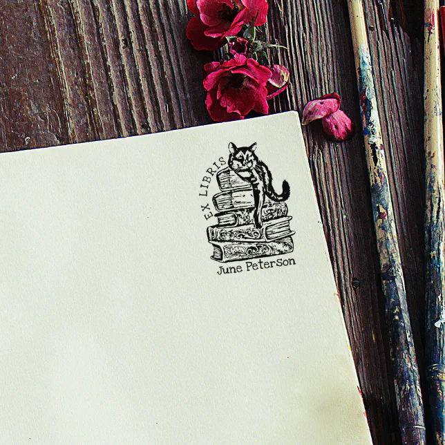 Custom Ex Libris, Vintage Cute Cat Book Rubber Stamp | Zazzle