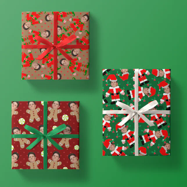 Custom Face Photo Christmas Variety Pack 3 Cute Wrapping Paper Sheets ...
