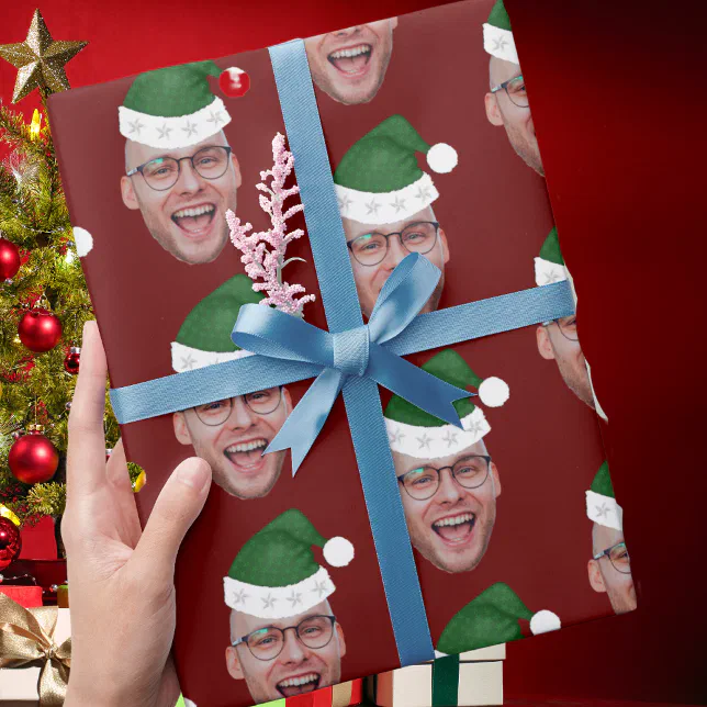 Custom Face Photo Santa Hat Repeating Pattern Wrapping Paper | Zazzle