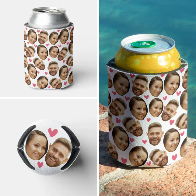 Custom Face Picture Heart Funny Couple Pattern Can Cooler | Zazzle