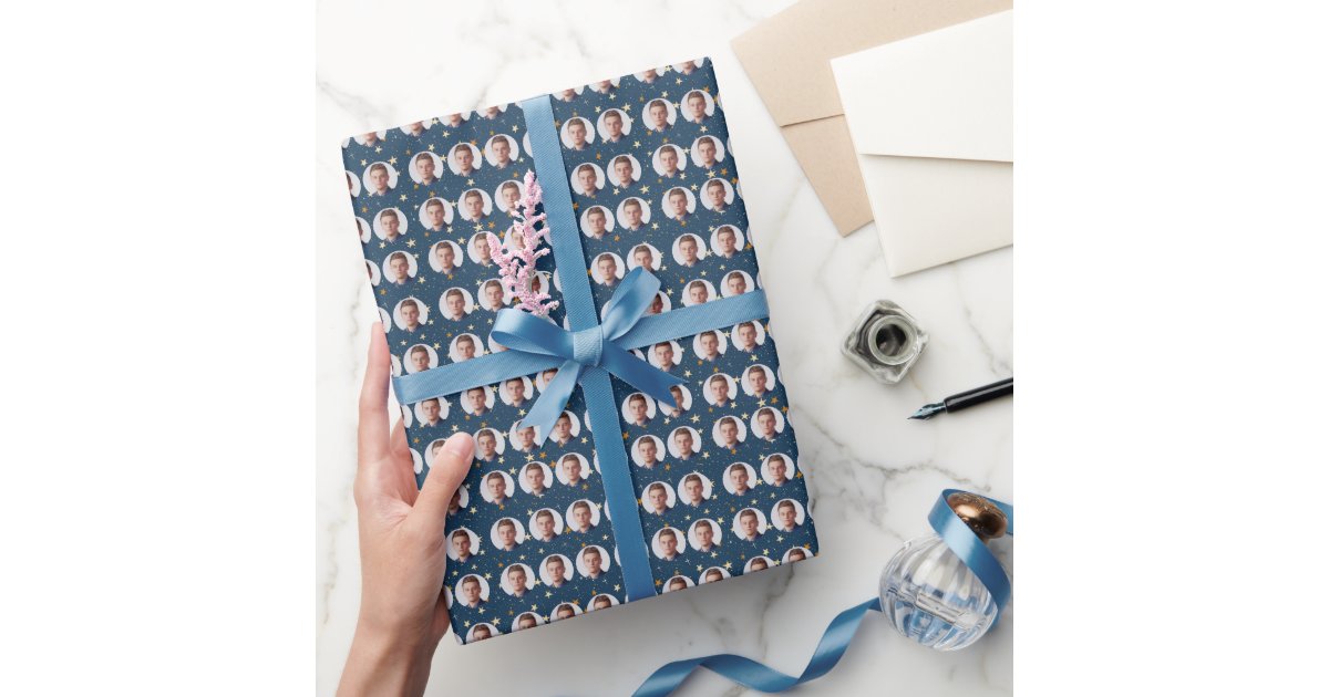 Custom Faces Stars Pattern Navy Wrapping Paper | Zazzle