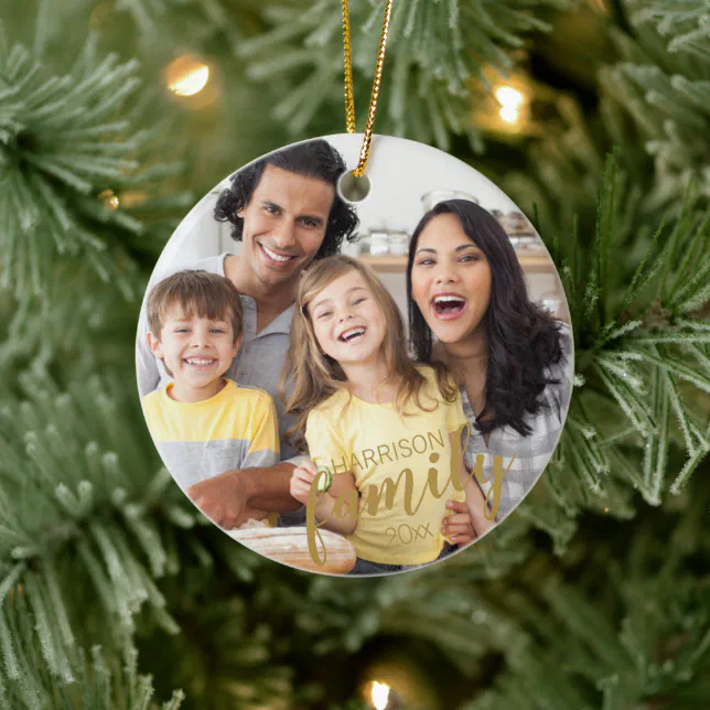 Custom FAMILY 2 Photo Gold Script Keepsake Ceramic Ornament | Zazzle