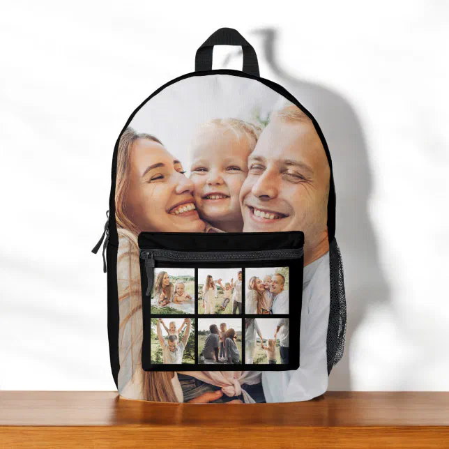 Custom Family 7 Photo Collage Black Printed Backpack | Zazzle