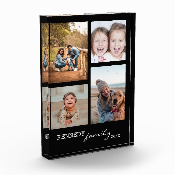 Custom Family Name Black 4 Photo Collage Block | Zazzle.com