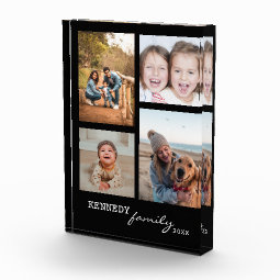 Custom Family Name Black 4 Photo Collage Block | Zazzle