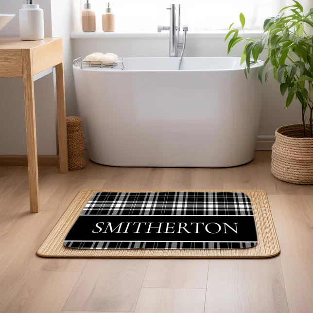 Custom Family Name Black White Buffalo Plaid Bath Mat | Zazzle