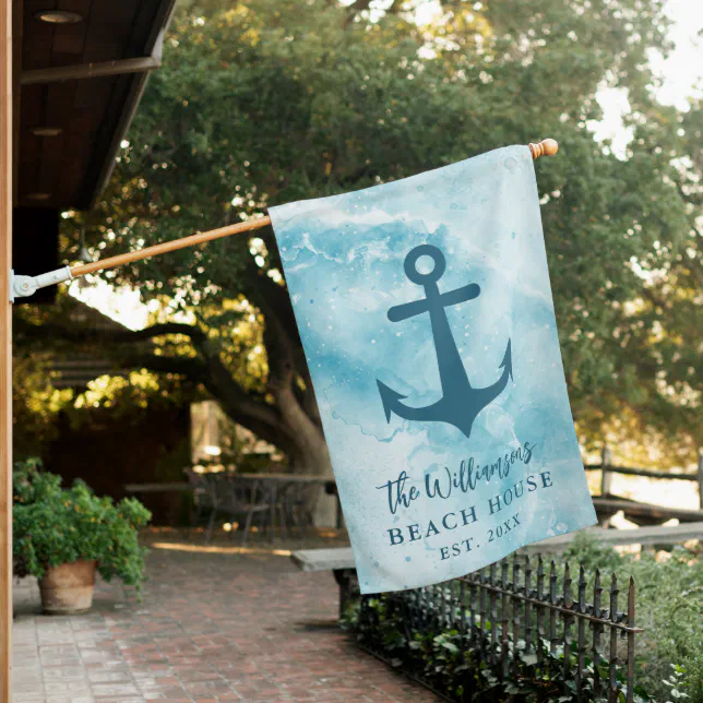 Custom Family Name Coastal Anchor Ocean Beach House Flag | Zazzle