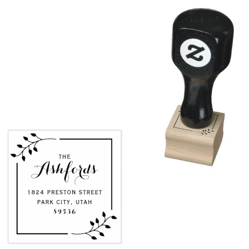 Custom Family Name Foliage Corners Return Address Rubber Stamp | Zazzle