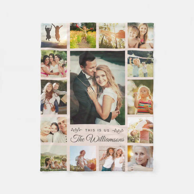 Custom Family Name Photo Collage Modern Blush Pink Fleece Blanket | Zazzle