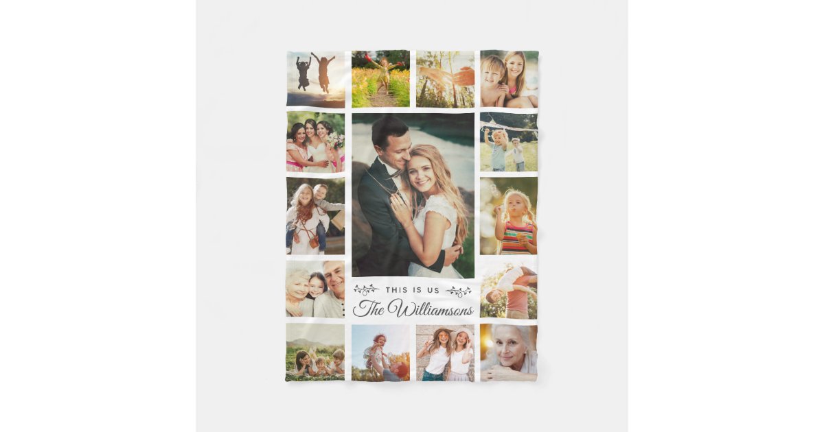 Custom Family Name Photo Collage Modern Chic Gift Fleece Blanket | Zazzle