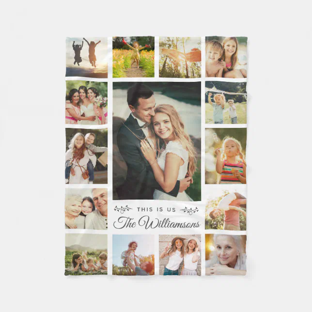 Custom Family Name Photo Collage Modern Chic Gift Fleece Blanket | Zazzle