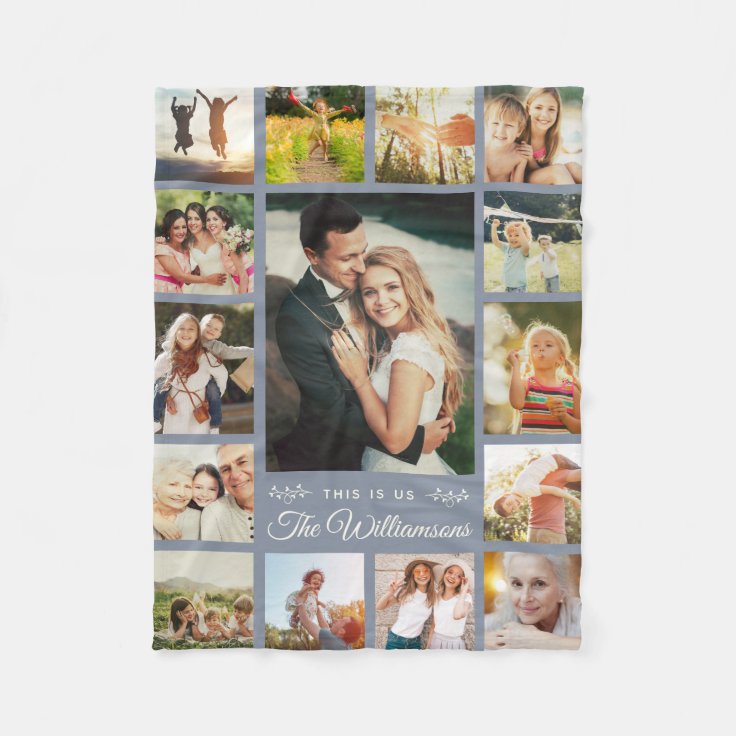 Custom Family Name Photo Collage Modern Dusty Blue Fleece Blanket | Zazzle
