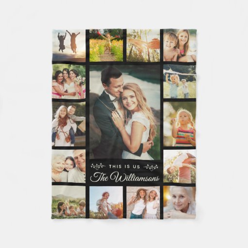Custom Family Name Photo Collage Modern Gift Black Fleece Blanket | Zazzle