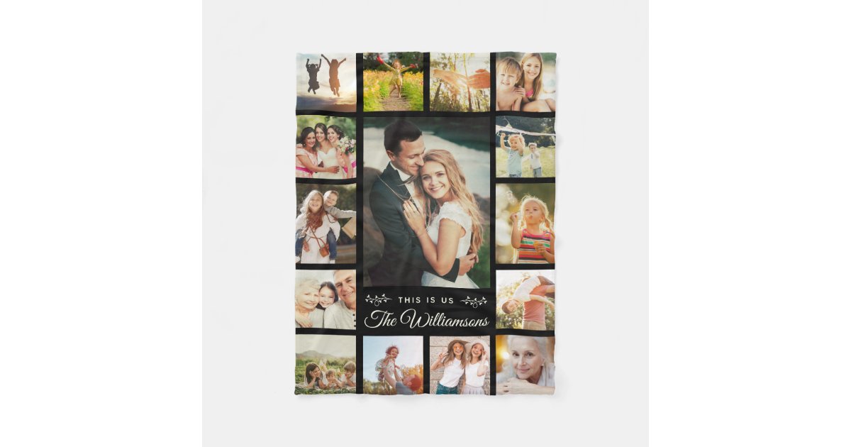 Custom Family Name Photo Collage Modern Gift Black Fleece Blanket | Zazzle