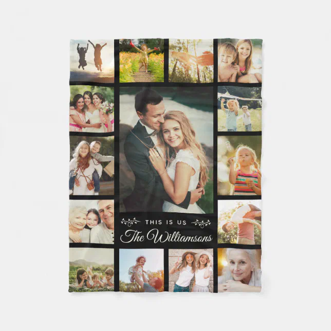 Custom Family Name Photo Collage Modern Gift Black Fleece Blanket | Zazzle