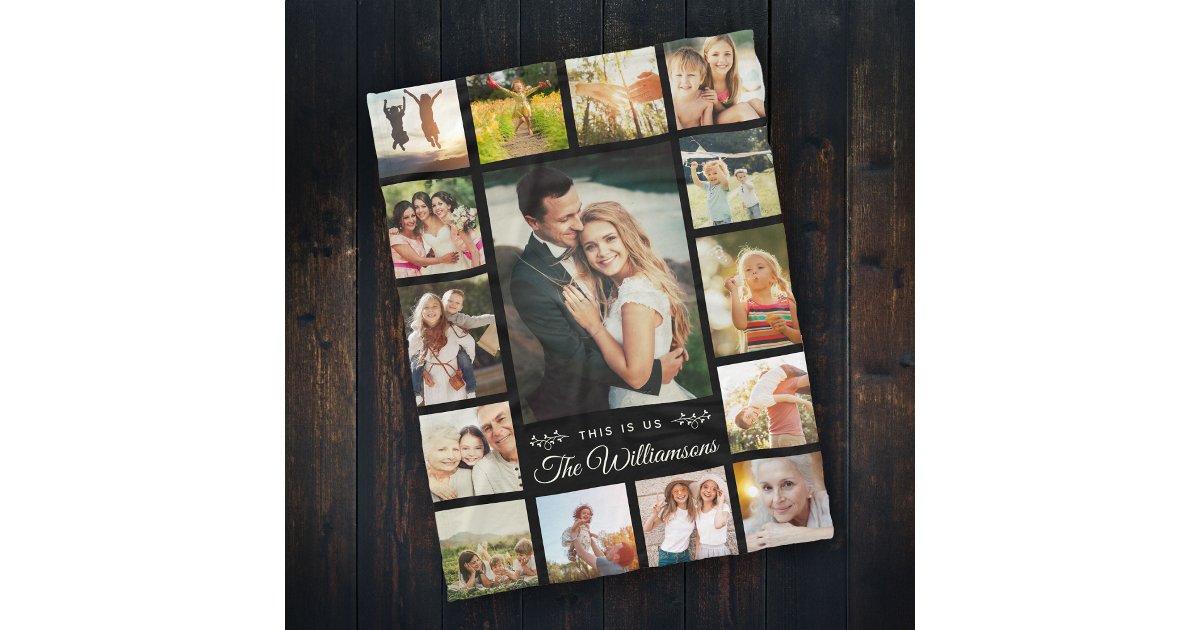 Custom Family Name Photo Collage Modern Gift Black Fleece Blanket | Zazzle