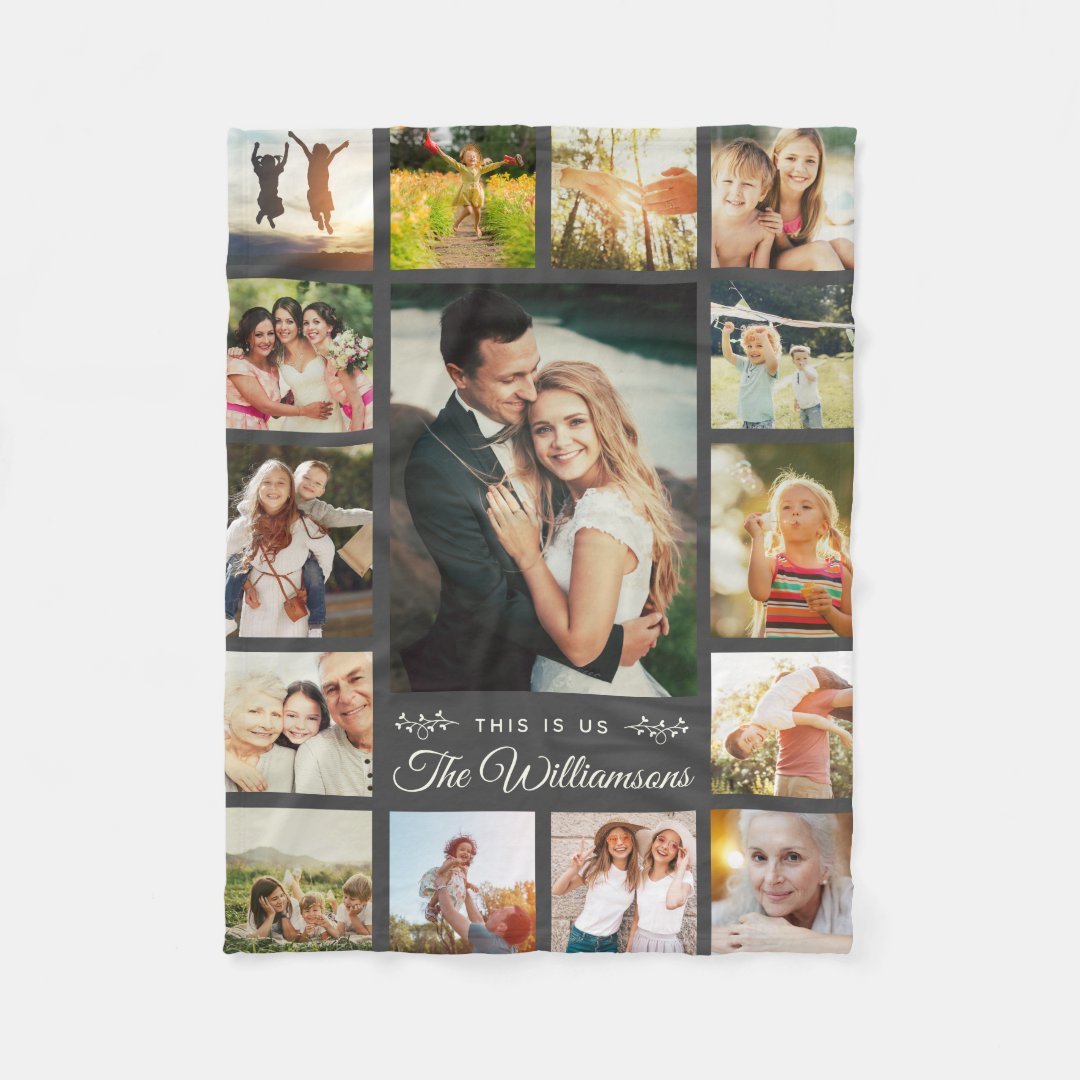 Custom Family Name Photo Collage Modern Gift Grey Fleece Blanket | Zazzle