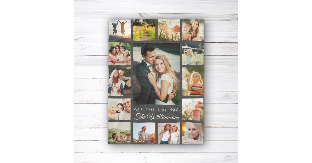 Custom Family Name Photo Collage Modern Gift Grey Fleece Blanket | Zazzle